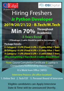 OSI DIgital – (Python) M.Tech/B.Tech – (2019/20/21/22) -70% in all academics – QEdge Technologies