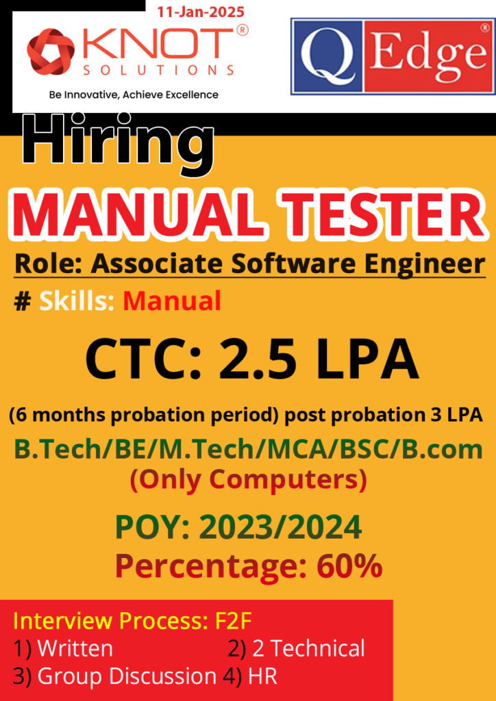 HIRING FOR MANUAL TESTER , KNOT SOLUTIONS – 11JAN 2025 – QEdge Technologies